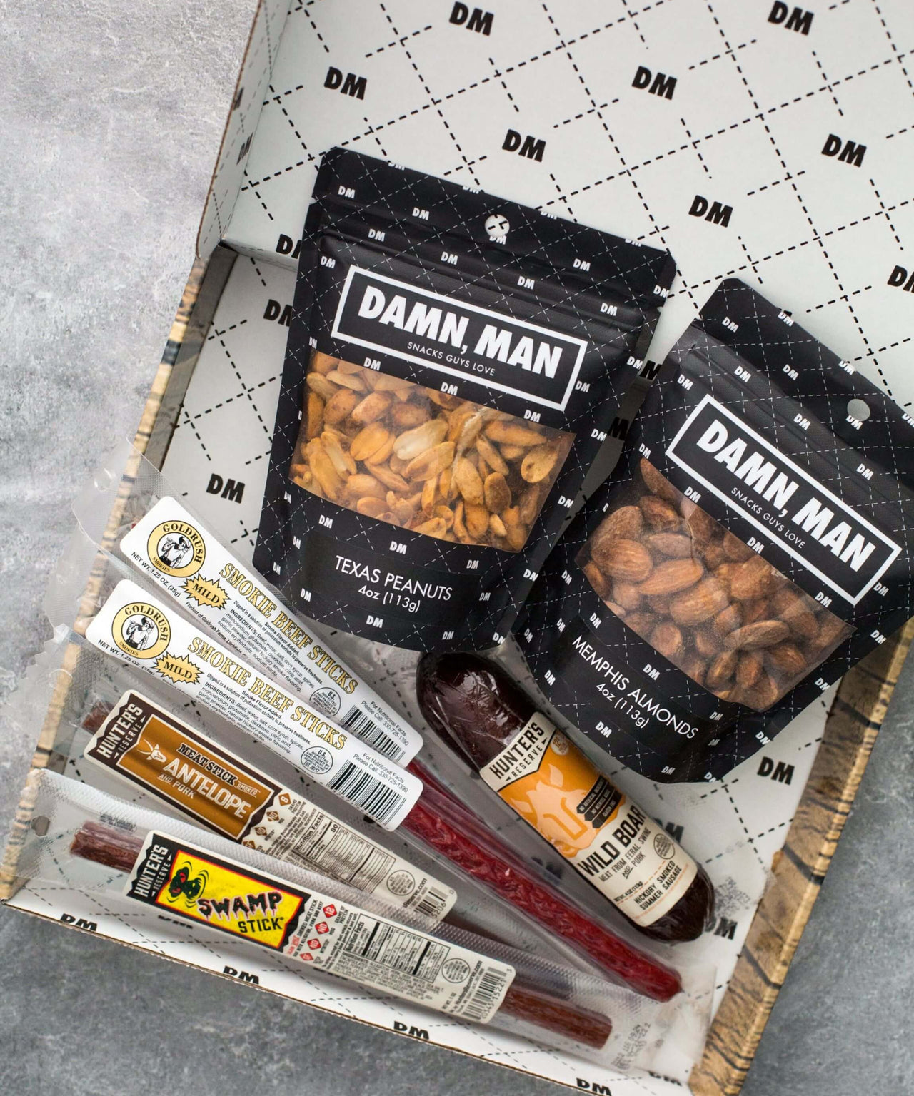 Nuts & Exotic Meats Box – Wild Game Snack Sampler Gift for Dad – DM Snacks